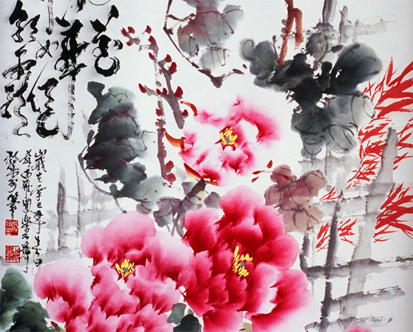 Famous Tree Peony watercolor scroll by Zoulie Deng – Tea House Gallery